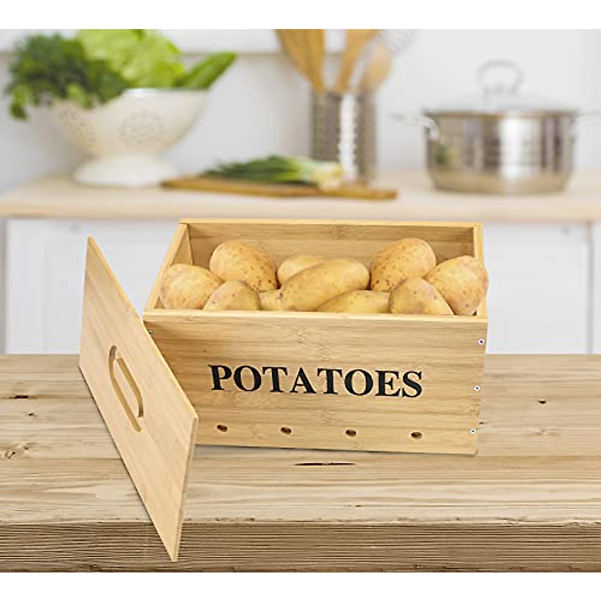 Gdfjiy Potatoes Wooden Storage Bin, Kitchen Storage Box,Kitchen Pantry Organizer With Airtight Lid,Vegetable Fresh Keeper with Aerating Storage Holes(Need self-assemble)