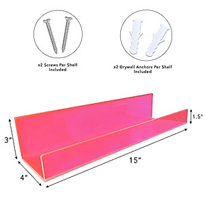 X-FLOAT Neon Pink Acrylic Floating Shelves (Wall Mounted) for Bedroom, Bathroom, Living Room or Kitchen (Set of 2)