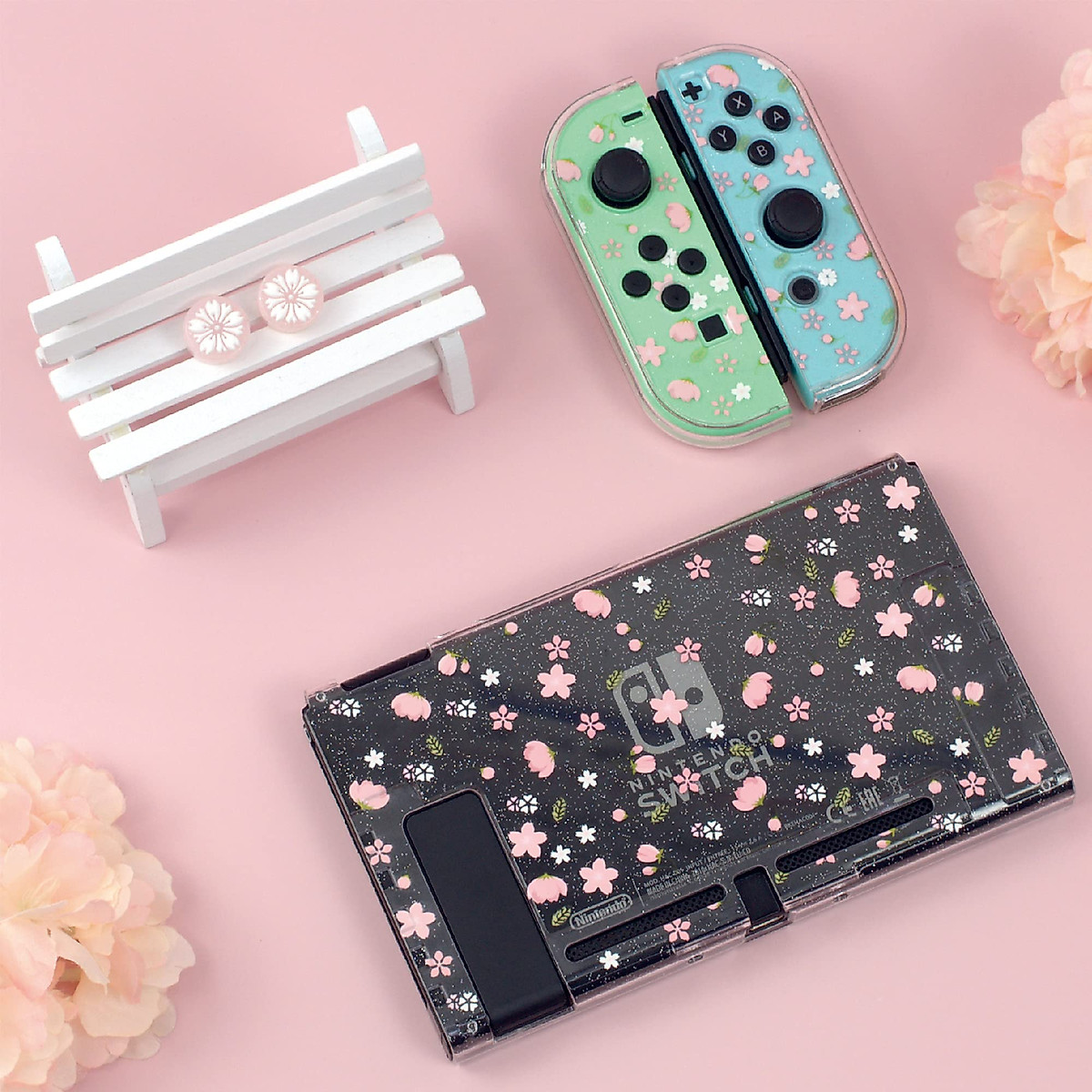 FANPL Glitter Clear Case for Nintendo Switch, Hard Shell Cute Protective Case Cover for Switch and Joy Con Controller with 2 Glitter Cherry Blossoms Thumb Grips - Embossed Feel (Pink Sakura Snow)