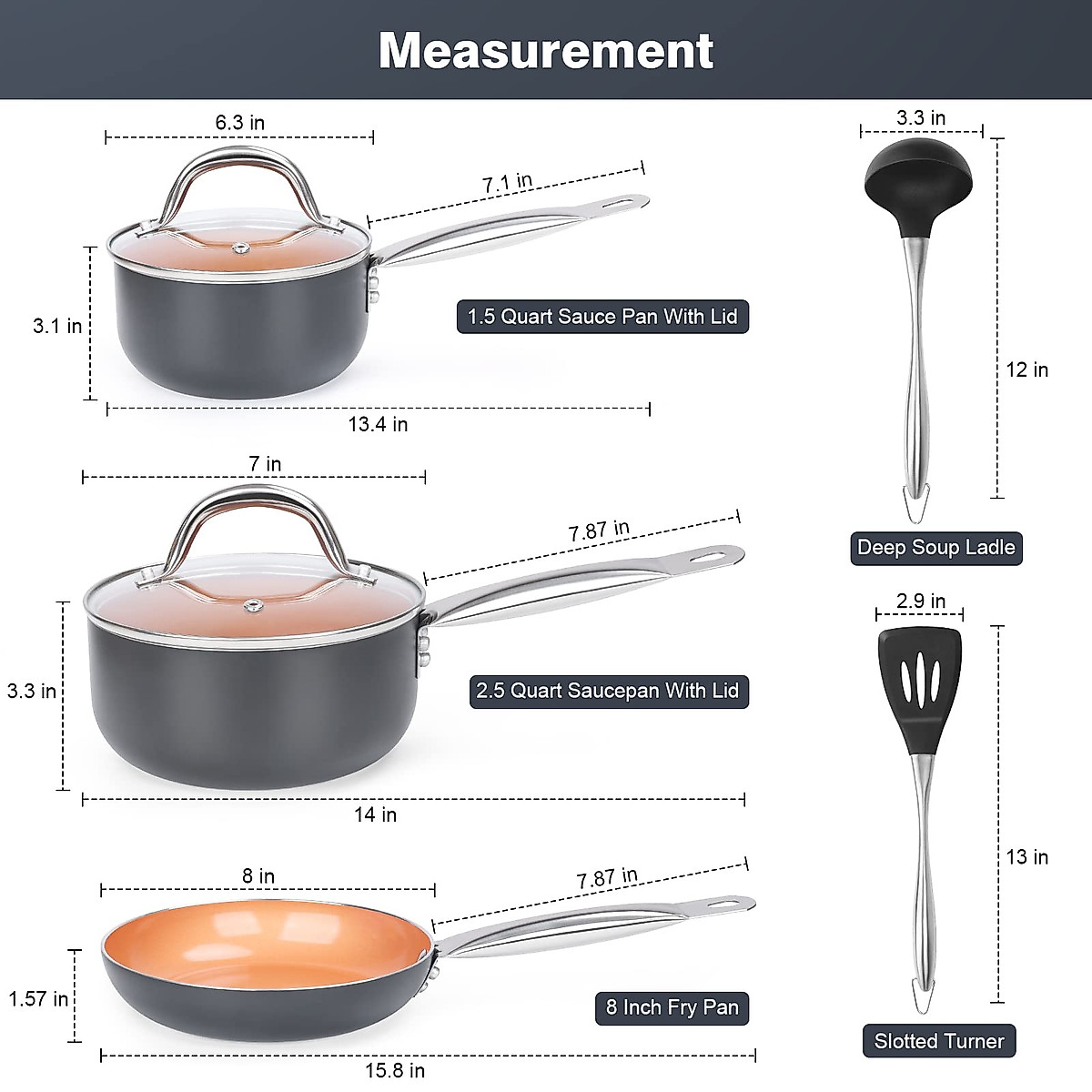 Pots and Pans Set Ultra Nonstick, Pre-assembled 7 Piece Cookware Set with Ceramic Coating, Oven Safe Handle & Premium Utensils, Gas/Induction Compatible, Dishwasher Safe & 100% PFOA Free, Dark gray