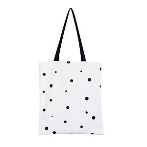 Nuni Black Polka Dot Pattern Canvas Tote Bag School Bag White, Medium