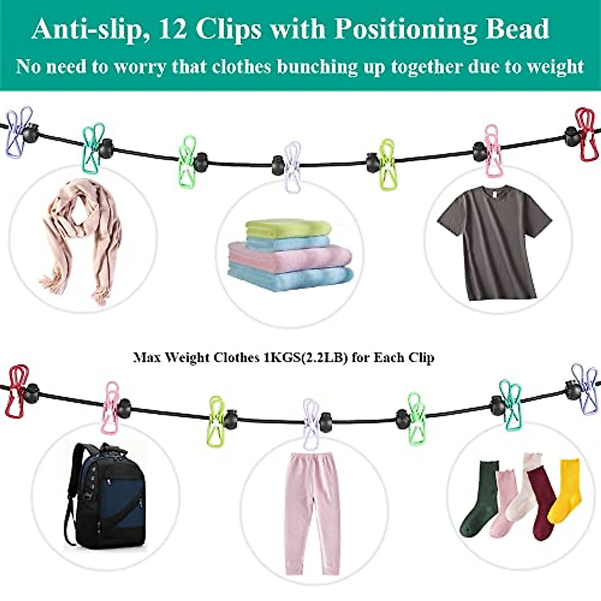 Travel Clothesline with 12 Clothespins, Windproof Portable Clothesline for Outdoor Travel Gadgets, Camping Accessories, Indoor Laundry Drying, RV Accessories, Junvaia Stretchy Retractable Clothes Line