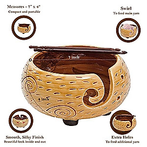 Eunoia Ceramic Yarn Bowl, 7 x 4 Inch Handmade Yarn Holder for Crocheting, Decorative Knitting Bowl for Knitters with Wooden Crochet Hook and Travel Bag