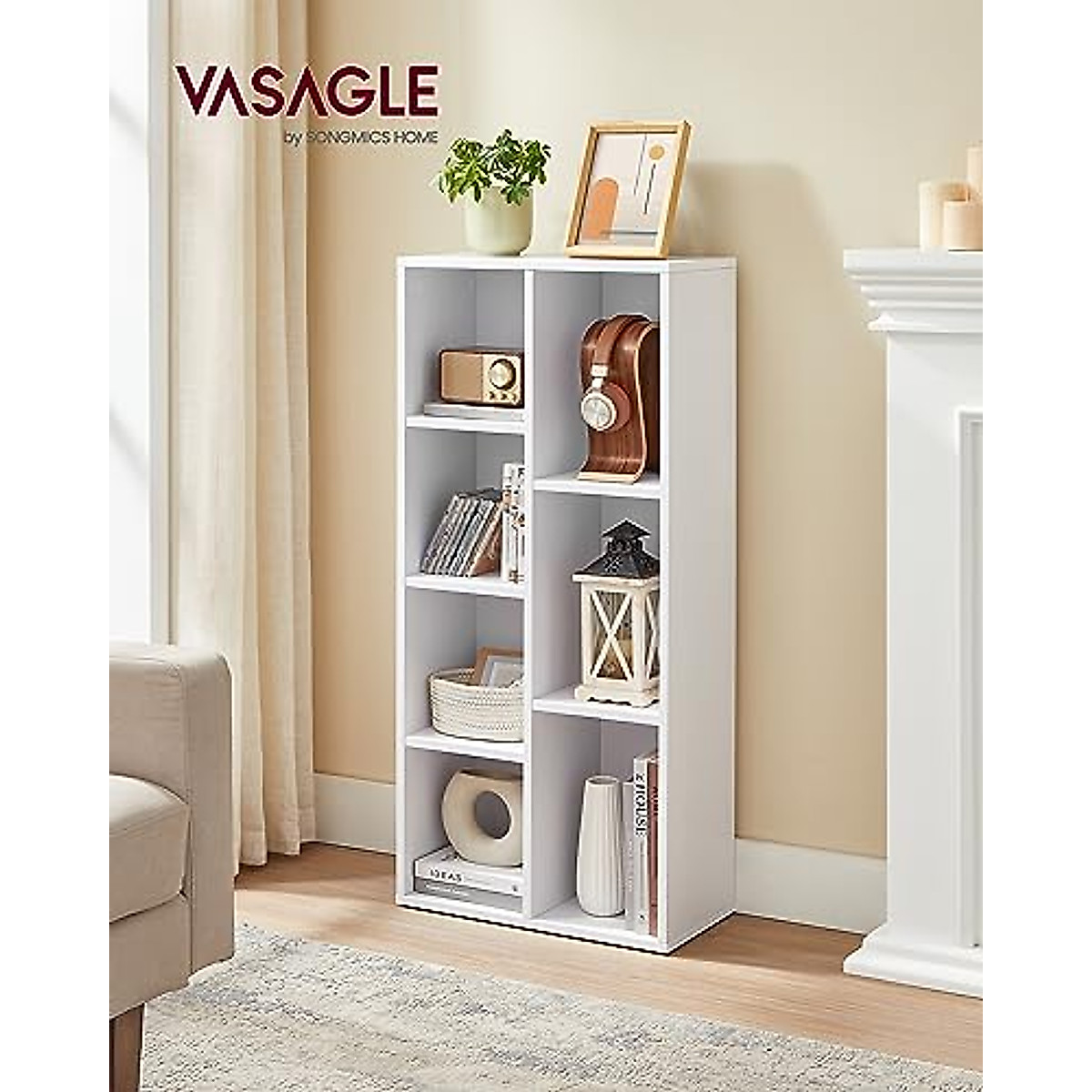 VASAGLE Bookcase, Bookshelf with 7 Compartments, Freestanding Shelves and Cube Organizer, for Display in Living Room, Bedroom, and Home Office, White
