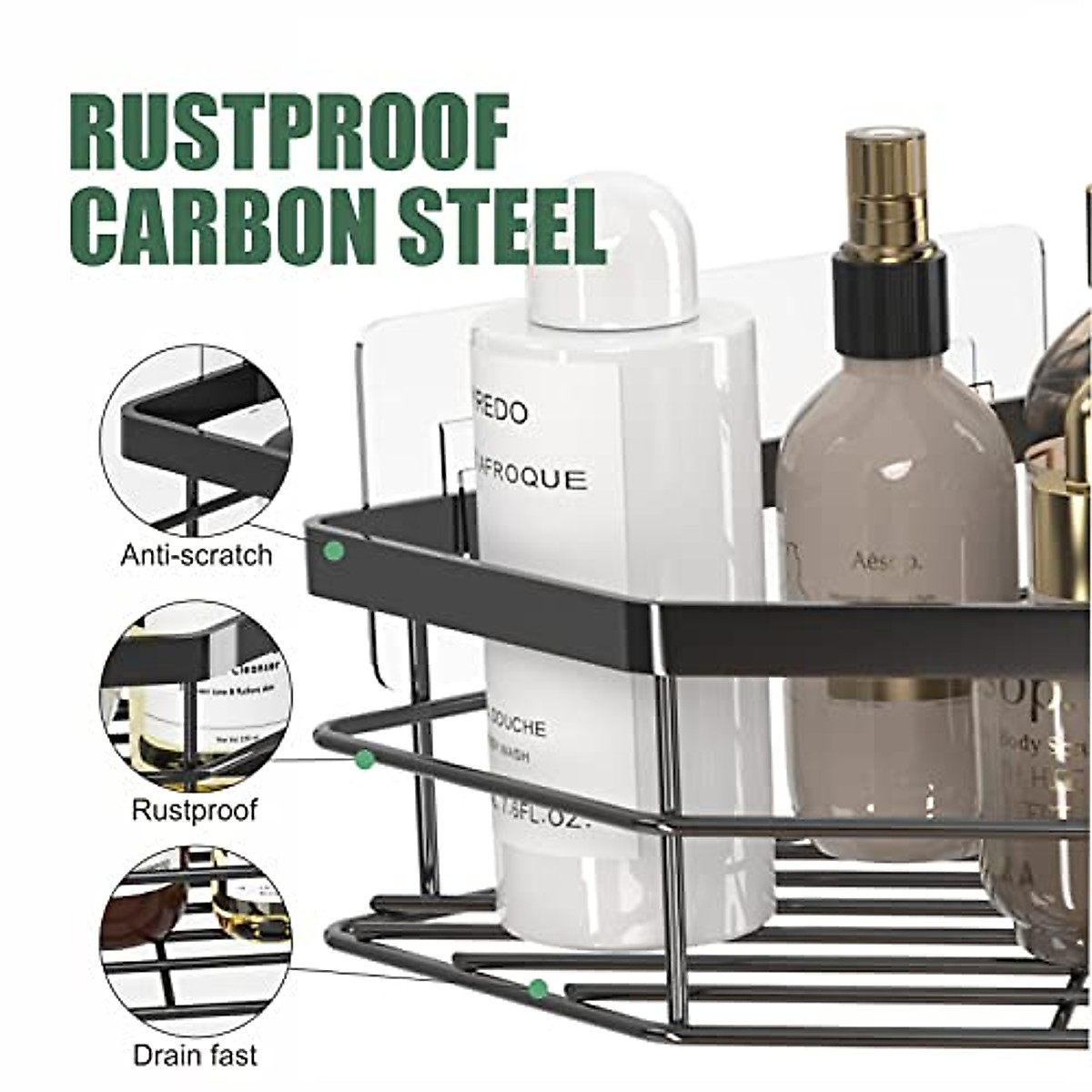 AIFEIVICO Corner Shower Caddy, 3-Pack Adhesive Shower Shelves with Soap Holder, Large Rustproof Carbon Steel Bathroom Shower Organizer with 4 Hooks, No Drilling Wall Mounted Shower Rack (Black)