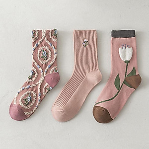 CYee 3 Pairs Kawaii Flower Pattern Pink Socks for Women Pink Embroidered Soft Breathable Socks Stretchy Mid Tube Ankle Sock