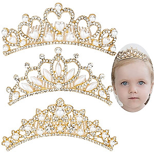 ANBALA Small Tiara Crown with Hair Comb, 3 Pack Mini Tiara Crown Princess Crystal Shiny Hair Accessories for 2 3 4 5 6 7 8 9 Years Girls Hair Dectoration Styling Cute Hair Accessories (Gold)