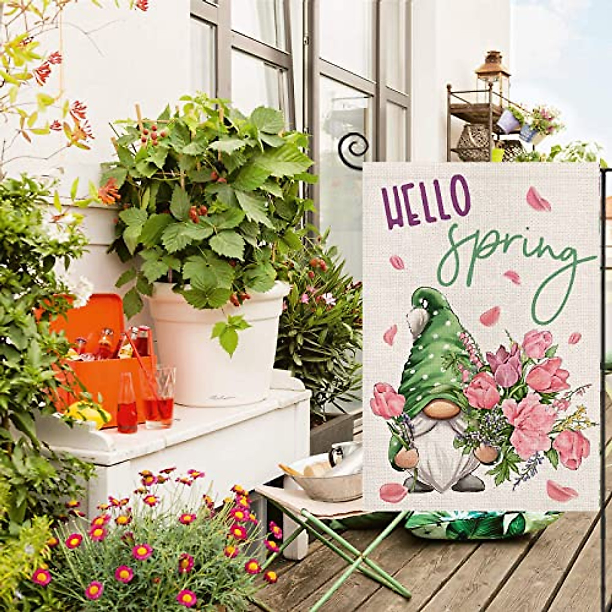 Hello Spring Garden Flag for Outside 12x18 Double Sided,Gnome with Flowers Small Yard Flag, Summer Seasonal Decors for Outdoor Anniversary Wedding Farmhouse Holiday