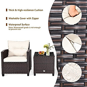 KOTEK 3 Piece Patio Furniture Set, Outdoor Conversation Set with Washable Cushions & Tempered Glass Tabletop, PE Rattan Wicker Bistro Set for Porch, Garden, Balcony (White)