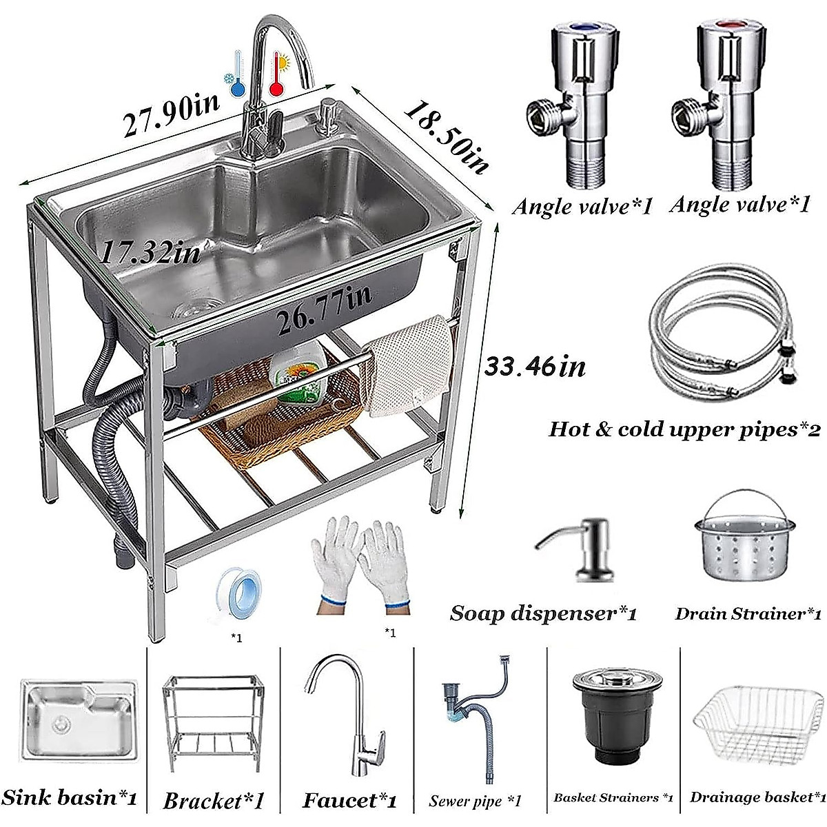 Freestanding Stainless Steel Sink,Outdoor Sink Commercial Restaurant Sink,Single Bowl Sink,Industrial Sink for Restaurant, Cafe, Bar, Hotel, Garage, Laundry Room,L26.7"x H33.46"xW17.3"