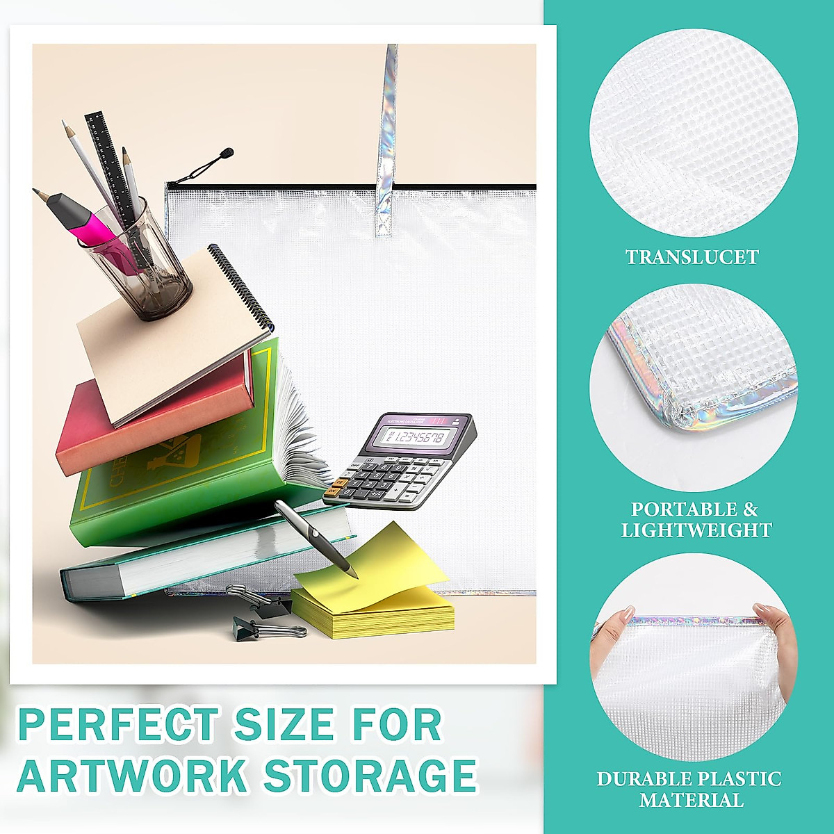 Wesnoy Art Portfolio Bag with Handle and Zipper, Waterproof Laser Art Portfolio Bag Plastic Art Portfolio Folder for Artworks, Charts, and Teaching Material Multipurpose (48 x 36 Inch)