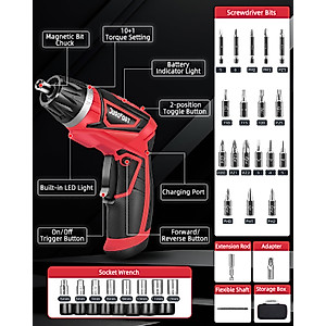 Cordless Electric Screwdriver Set, 8V Max 10Nm Rechargeable Power Electric Drill, Battery Screw Gun with 28pcs Driver Bit Set, 320RPM/10+1 Torque Setting, 2 Position Handle, Flexible Shaft LED Light