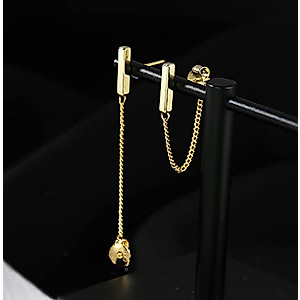 Reffeer Solid 925 Sterling Silver Bar Chain Dangle Earrings Drops for Women Teen Girls Bar Drop Earrings Chain Studs (A-Gold)