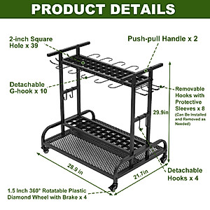 YAGEANNL Garden Tool Organizer with Wheels, Large Capacity Garage Tool Organizer with Hooks, Garden Tool Rack for Broom, Shovel, Long Handled Tool, Metal Yard Tool Organizer for Garage, Shed, Outdoor