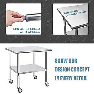 Hally Stainless Steel Table for Prep & Work 30 x 36 Inches with Caster Wheels, NSF Commercial Heavy Duty Table with Undershelf and Galvanized Legs for Restaurant, Home and Hotel