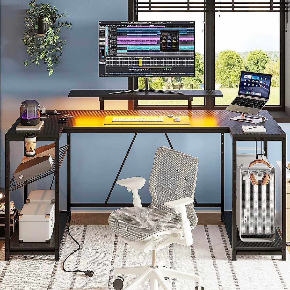 Bestier Gaming Desk with LED Lights & Power Outlets, 63 inch U Shaped Computer Desk with Monitor Stand & Storage Shelves, PC Desk with Cup Holder & Hook for Home Office, Black 3D Carbon Fiber