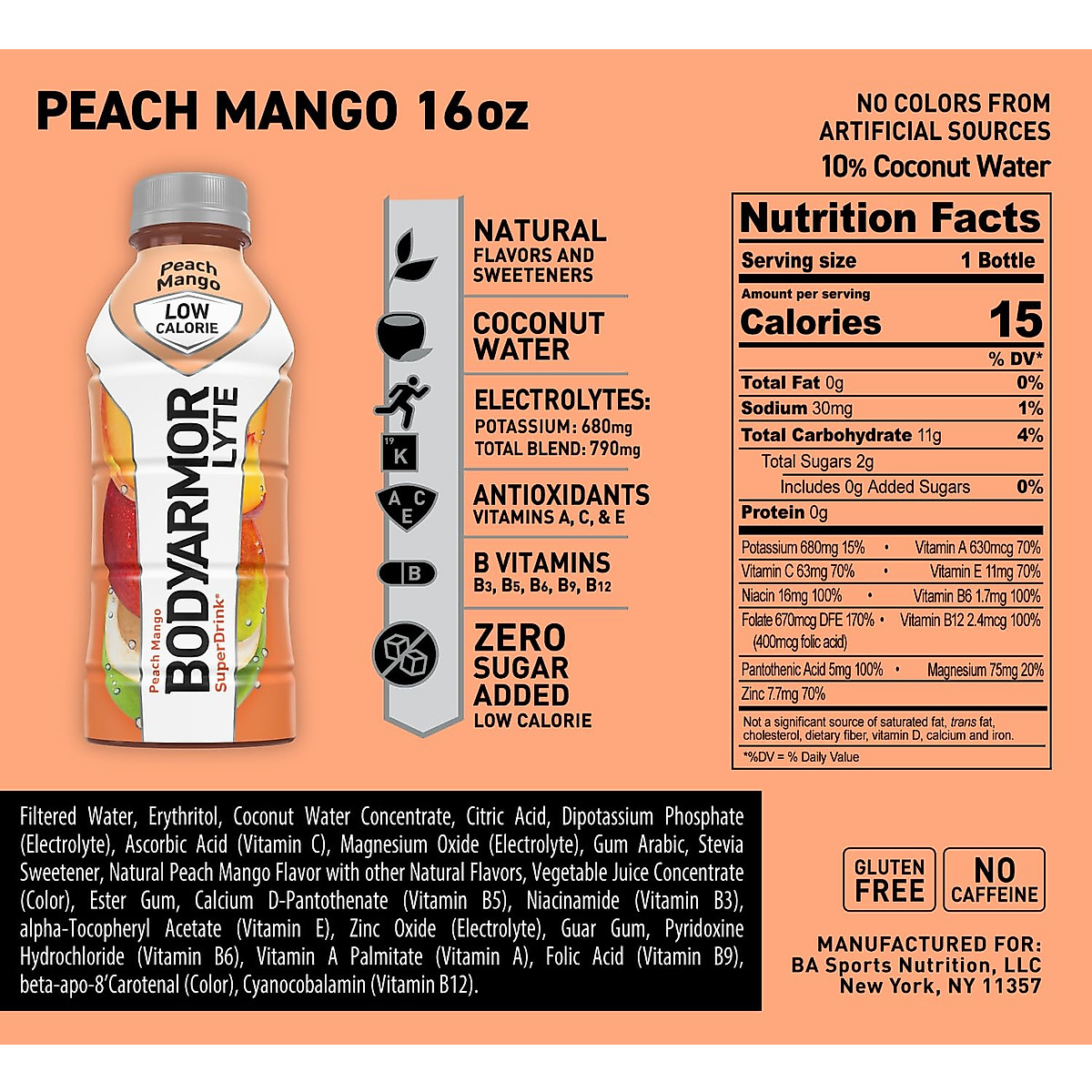 BODYARMOR LYTE Sports Drink Low-Calorie Sports Beverage, Peach Mango, Coconut Water Hydration, Natural Flavors With Vitamins, Potassium-Packed Electrolytes, Perfect For Athletes, 16 Fl Oz (Pack of 12)