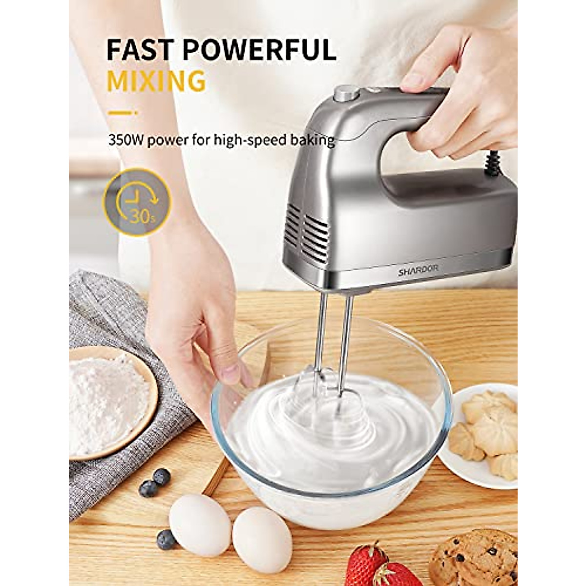 SHARDOR Hand Mixer, 350W Handheld Mixer with Storage Case 5-Speed Plus Turbo Hand Mixer Electric With 5 Stainless Steel Attachments(2 Beaters, 2 Dough Hooks and 1 Whisk), Silver