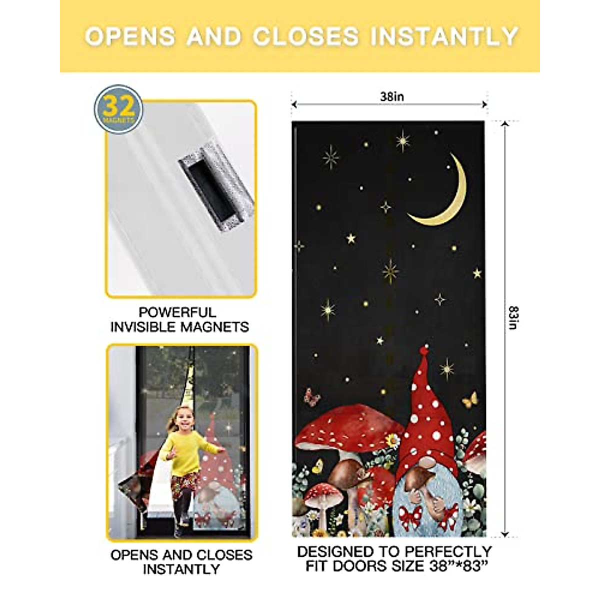 OComster Red Mushroom Black Magnetic Screen Door, Gnome Plant Flower Starry Sky Moon Hands Free Screen Mesh Size 38'' x 83'', Reinforce Heavy Duty Mesh Screen Doors for Patio/Front/Sliding Door