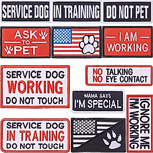 12 Pieces Service Dog Vest Patches with Adhesive Strap Removable Harnesses Tactical Hook and Loop Patch Set of American Flag Ask to Pet in Training