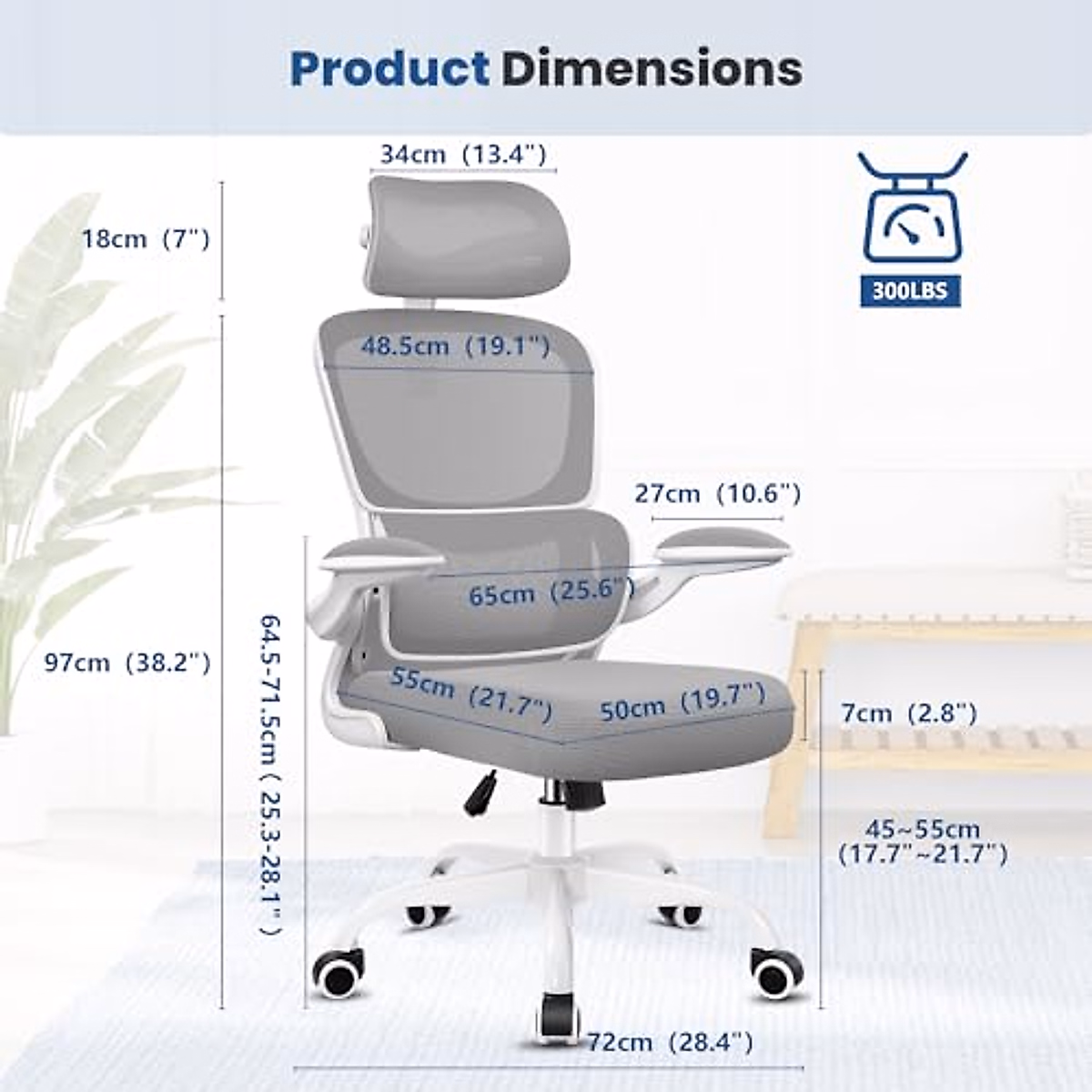 Razzor Ergonomic Office Chair, High Back Mesh Desk Chair with Lumbar Support and Adjustable Headrest, Computer Gaming Chair with Flip-up Armrests, Executive Swivel Chair for Home Office (LightGray)