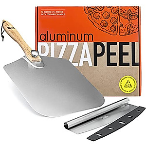 OUII Pizza Peel Aluminum Metal Pizza Paddle - 12 x 14 inch. Pizza Cutter Rocker 14'' Blade Pizza Spatula for Pizza Stone, Pizza Oven Accessories. Pastry, Dough, Bread Peel and Rocker Knife Pizza Tools