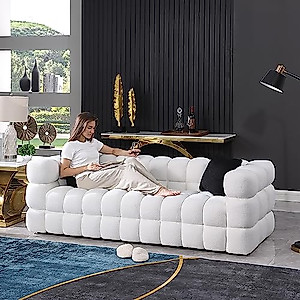 Melpomene Modern Boucle Sofa Couch, Cloud Sofa Upholstered 3 Seater Sofa with 2 Pillows and Wood Legs,Tufted Sofa for Bedroom, Office, Apartment(White)