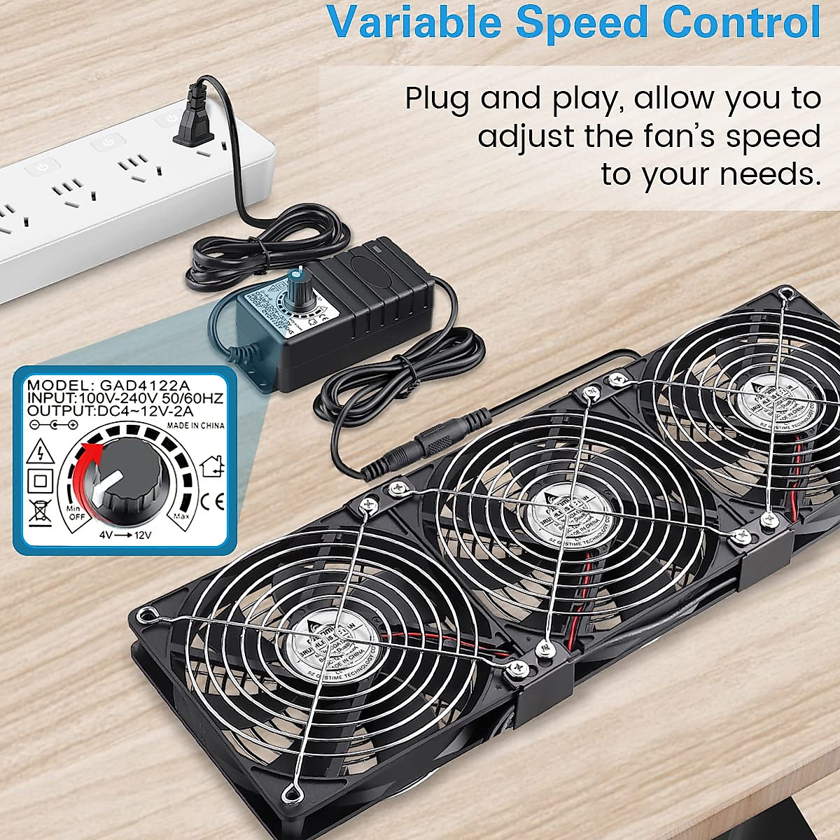 GDSTIME Big Airflow 3 x 120mm Fans DC 12V Powered Fan with AC 110V - 240V Speed Control, Cabinet Chassis Cooling Fan, Server Workstation Cooling Fan