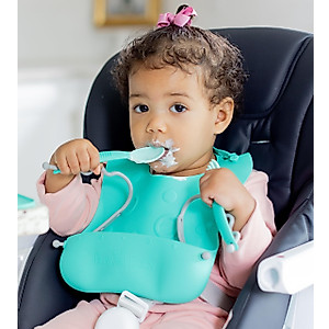 BUSY BABY Bungee Bib & Utensil Set – Adjustable Silicone Bib with Pocket & Tethered Utensils for Babies & Toddlers