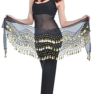 REINDEAR Vogue Style Chiffon Dangling Gold Coins Belly Dance Hip Scarf (Black)