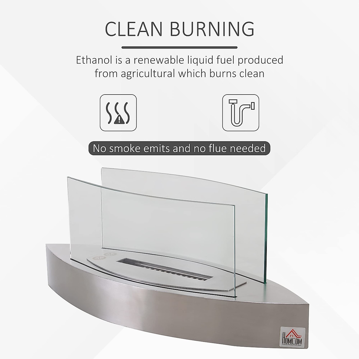 HOMCOM Ethanol Fireplace, 23.5" Tabletop 0.15 Gallon Stainless Steel 215 Sq. Ft., Burns up to 2 Hours, Silver