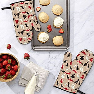 Cat Oven Mitts Set of 2 Birthday Gifts for Cat Lovers Waterproof and Non-Slip Shape Printed Kitchen Women Men Cooking Barbecue Microwave (Oven Mitts Cat, Khaki Mittens)