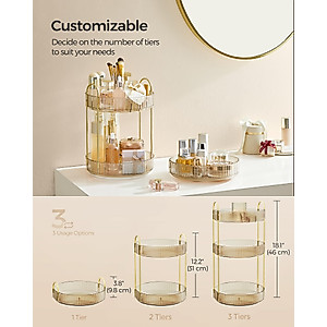 SONGMICS Makeup Organizer, 3-Tier Round Rotating Skincare Organizer Countertop, Customizable, Toiletries Vanity Organizer, Lazy Susan, Gift, Champagne Gold UJKA011A01