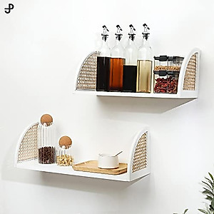 [PJ Collection] Decorative Wooden Wall Shelf with Rattan, Set of 2, Floating Shelves, Wall Mount, Wall Shelf, Rustic Wood Wall Storage Shelves, Sturdy Floating Shelves (White)