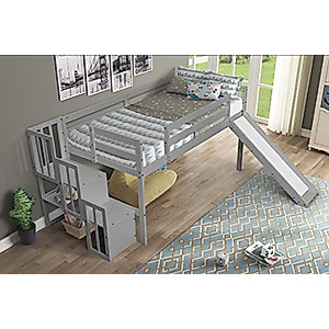 Longrune Twin Floor Loft Bed with Slide and Storage Staircase, Saving Space, for Kids Bedroom, Grey