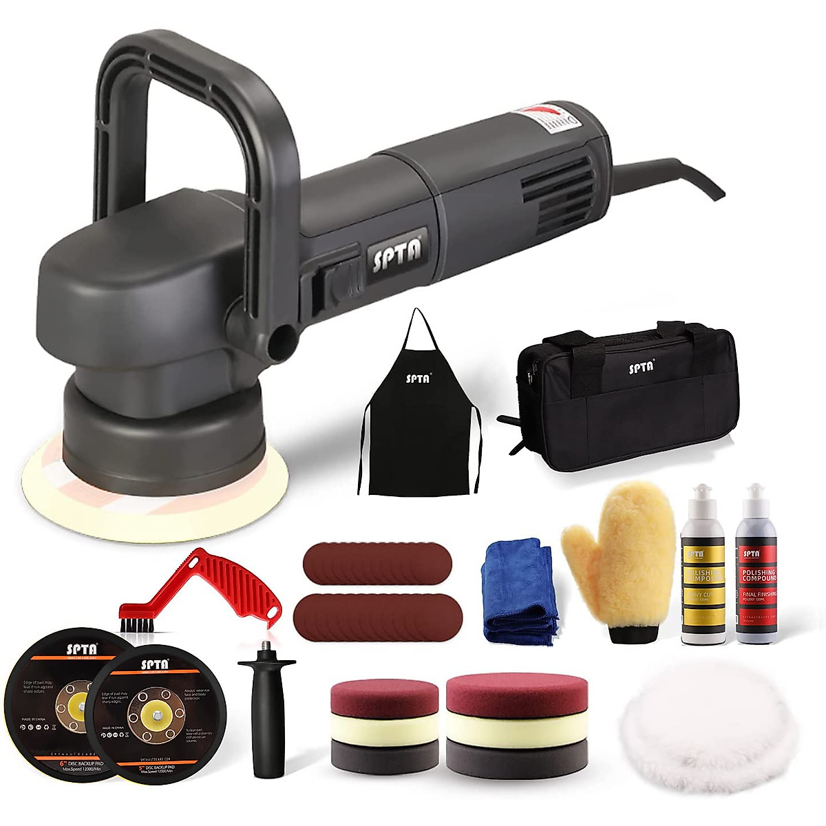 SPTA Buffer Polisher, 780W 5Inch & 6Inch Dual Action Random Orbital Car Polisher, 41Pc Car Detailing Kit with Polishing Pads, Sanding Papers, Wool Pads, Tool Bag for Car Polishing and Waxing -DA501-US