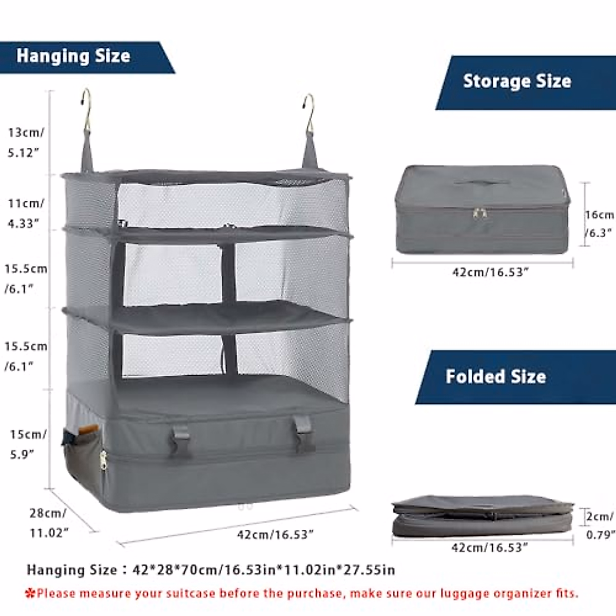 Hongmeru Portable Hanging Travel Shelves Packing Cubes for Suitcases Organizer Luggage Organizers for Suitcase, Carry on Closet Suitcase, XL, Grey
