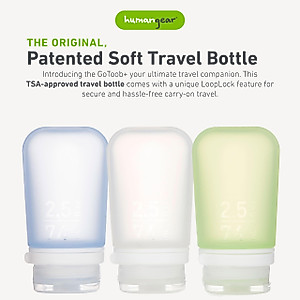 humangear GoToob+ 3-Pack (Medium) | Refillable Silicone Travel Bottle | Locking Lid | Food-Safe Material, Clear/Green/Blue, Medium (2.5 fl.oz.; 74ml)