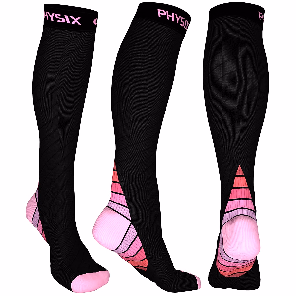 Physix Gear Compression Socks - Best Men & Womens Compression Socks for Circulation, Running, Nurses, Athletic Use Sock Compression, Blood Pressure Socks, Calcetines de Compresion, Black/Pink, S/M