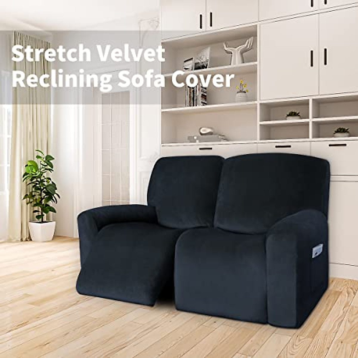 Easy-Going 6 Pieces Velvet Recliner Loveseat Cover Stretch Reclining Sofa Slipcover Couch Cover for 2 Cushion Soft Washable Furniture Protector for Kids Pets (Loveseat, Charcoal Gray)