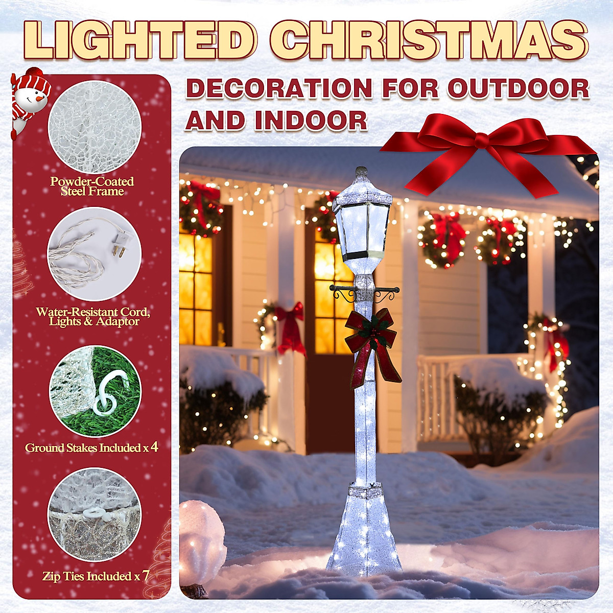 MUPATER 6 ft Tall Pre-Lit Energy-Efficient LED White LAMP-Post, Christmas Holiday Outdoor Lighted Decoration for Yard, Porch, Entry - Ground Stakes Included