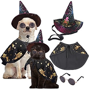 Dog Halloween Costumes for Small Medium Dogs Cats Boy Girls Cute Pumpkin Spider Puppy Hat Glasses Witch Cape Plaid Necktie Pet Halloween Cosplay Clothes Outfits Apparels (hat + Glasses + Cape)