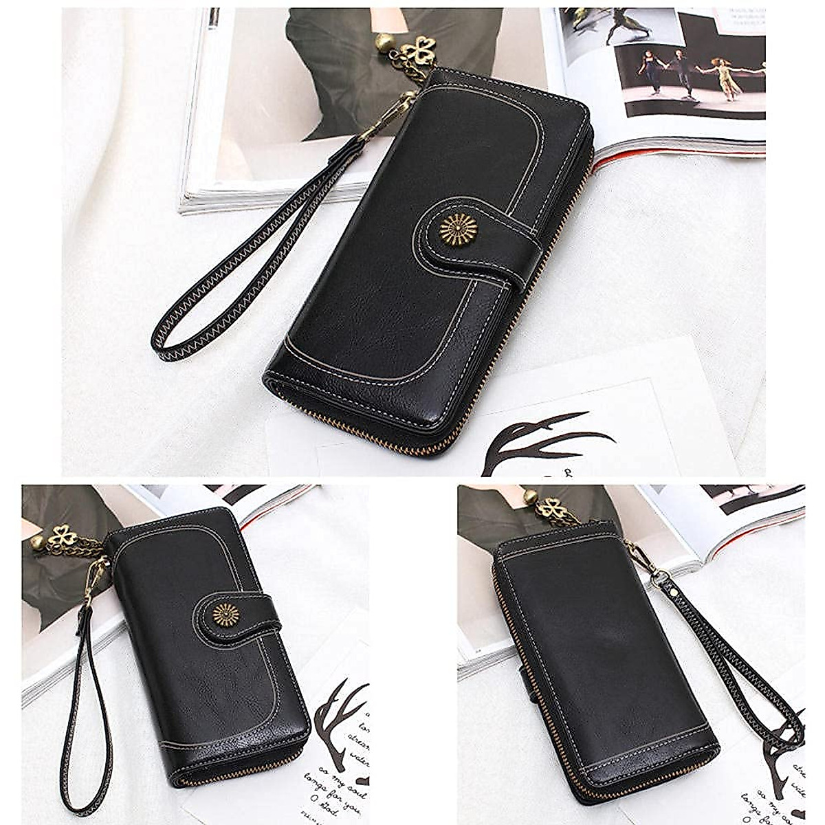 Xfmb Womens Wallet Fashion Long Purse PU Leather Wallet for Women Handbag with Cash/ID/Credit Card Holder Zipper Coin Purse 11 bank card slots Phone Pocket with Birthday Gifts Women-Black One Size