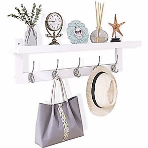 SMIBUY Coat Hooks with Shelf Wall-Mounted, 29.2 Inch Entryway Coat Rack for Wall, Bamboo Hanging Shelf with 5 Double Metal Hooks for Bathroom, Bedroom, Kitchen, Living Room, Mudroom (White)