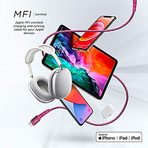 iHome USB C to Lightning Cable: Nylon Braided, Apple MFi Certified,for iPhone 12/12 Pro/12 Pro Max/12 Mini/ 11/11 Pro/ 11 Pro Max, AirPods Pro(Supports Power Delivery w/18W Type C Charger),10 Ft,Pink