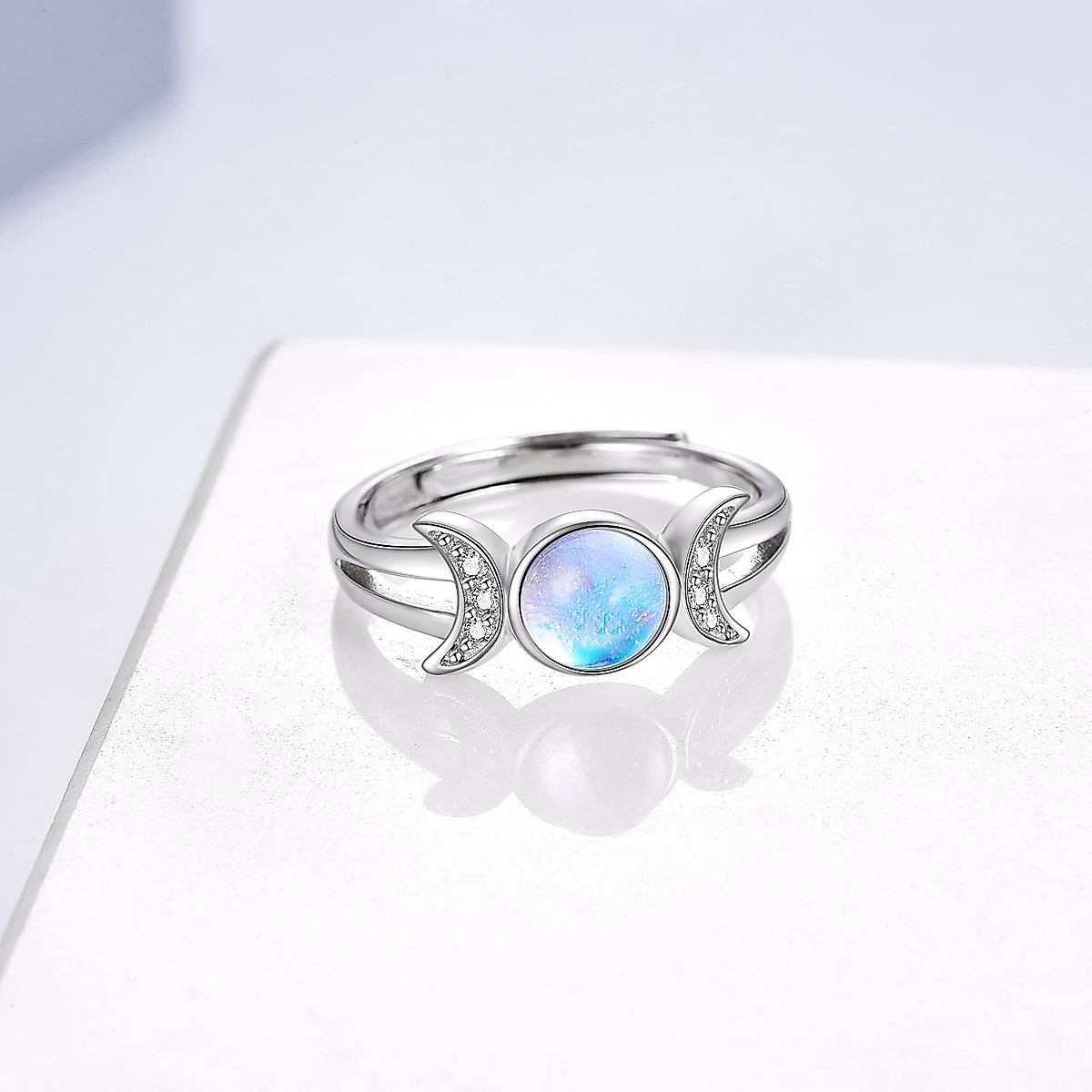 Pagan Triple Moon Bands Ring Wicca Moonstone Ring 925 Sterling Silver