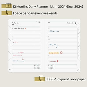 POPRUN Daily Planner 2024 One Page per Day with Vegan Leather Hardcover - Agenda 2024 Hourly Appointment Book with Monthly Tabs, Inner Pocket, 5.5" x 8.5", Pacific Green