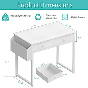 Lufeiya Small White Desk with Drawers - for Bedroom, 32 Inch Home Office Computer Desk with Fabric Storage Drawer and Bag, Study Writing Table for Small Spaces, white
