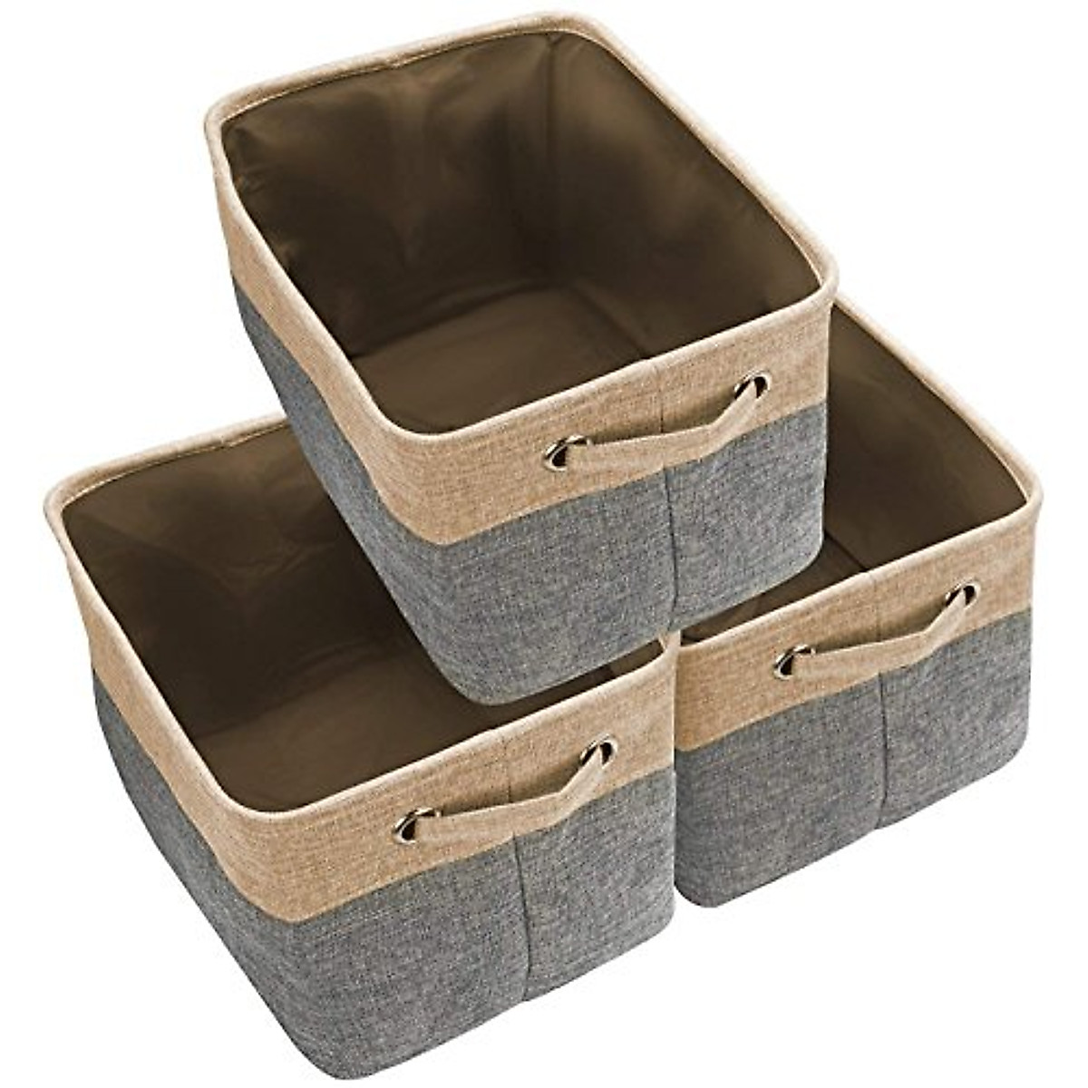 Awekris Foldable Storage Bin Basket Set [3-Pack] Canvas Fabric Collapsible Organizer With Handles Storage Cube Box For Home Office Closet, Grey/Tan (Grey)