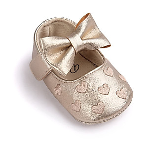 RVROVIC Baby Girls Shoes Soft Sole Mary Jane Flats Princess Dresses Shoes PU Cute Bow Crib Shoes Prewalker (6-12 Months Infant, Heart-Gold)